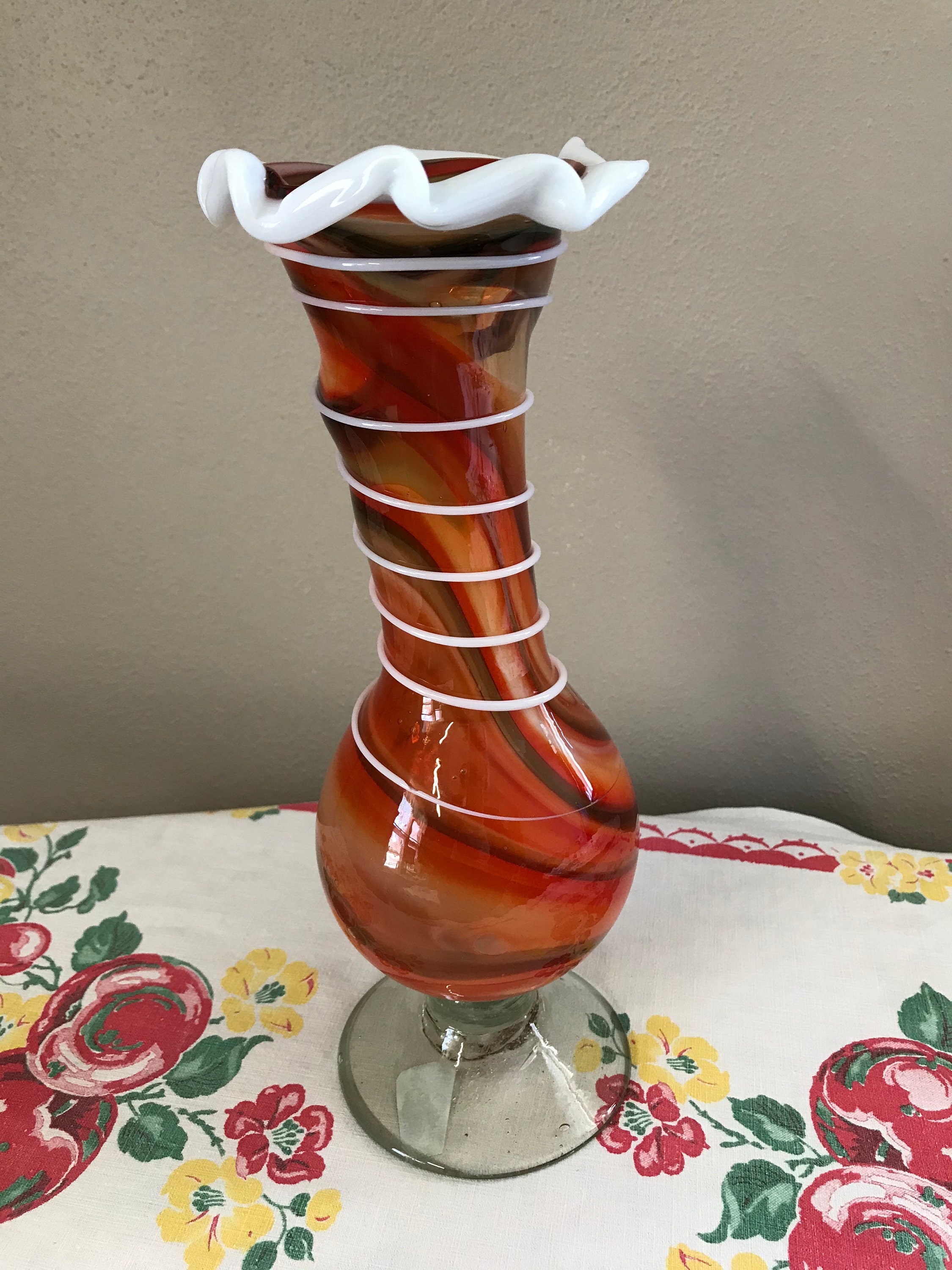 MCM Hand Blown Art Glass Swirl Vase in Orange, White and Brown - Etsy