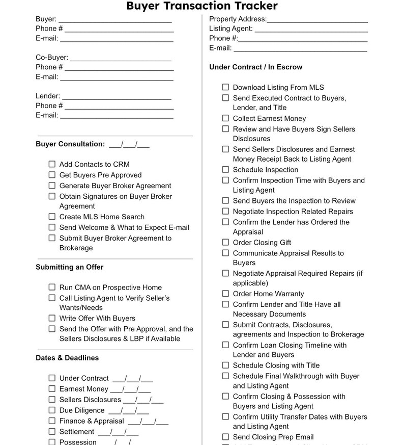 Buyer Transaction Tracker Checklist for Real Estate Agents - Etsy