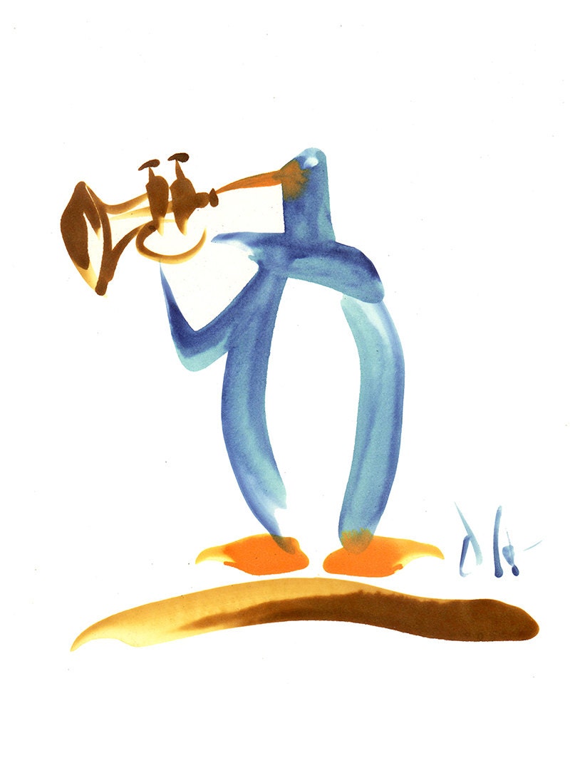 Penguin Print, Blue Penguin, Trumpet Player, Greeting Cards, Seasonal ...