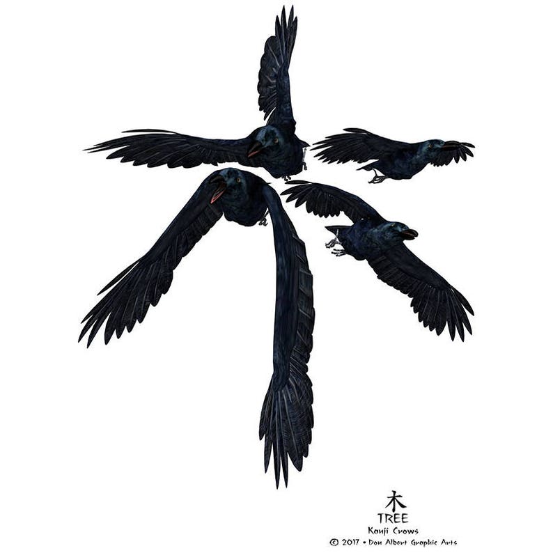 Tree, Kanji, Crows, Japanese, Chinese, Asian, Calligraphy Characters ...