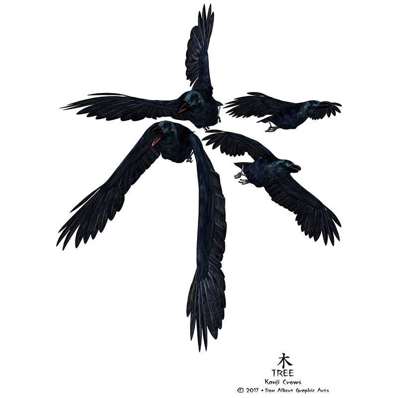 Tree, Kanji, Crows, Japanese, Chinese, Asian, Calligraphy Characters ...