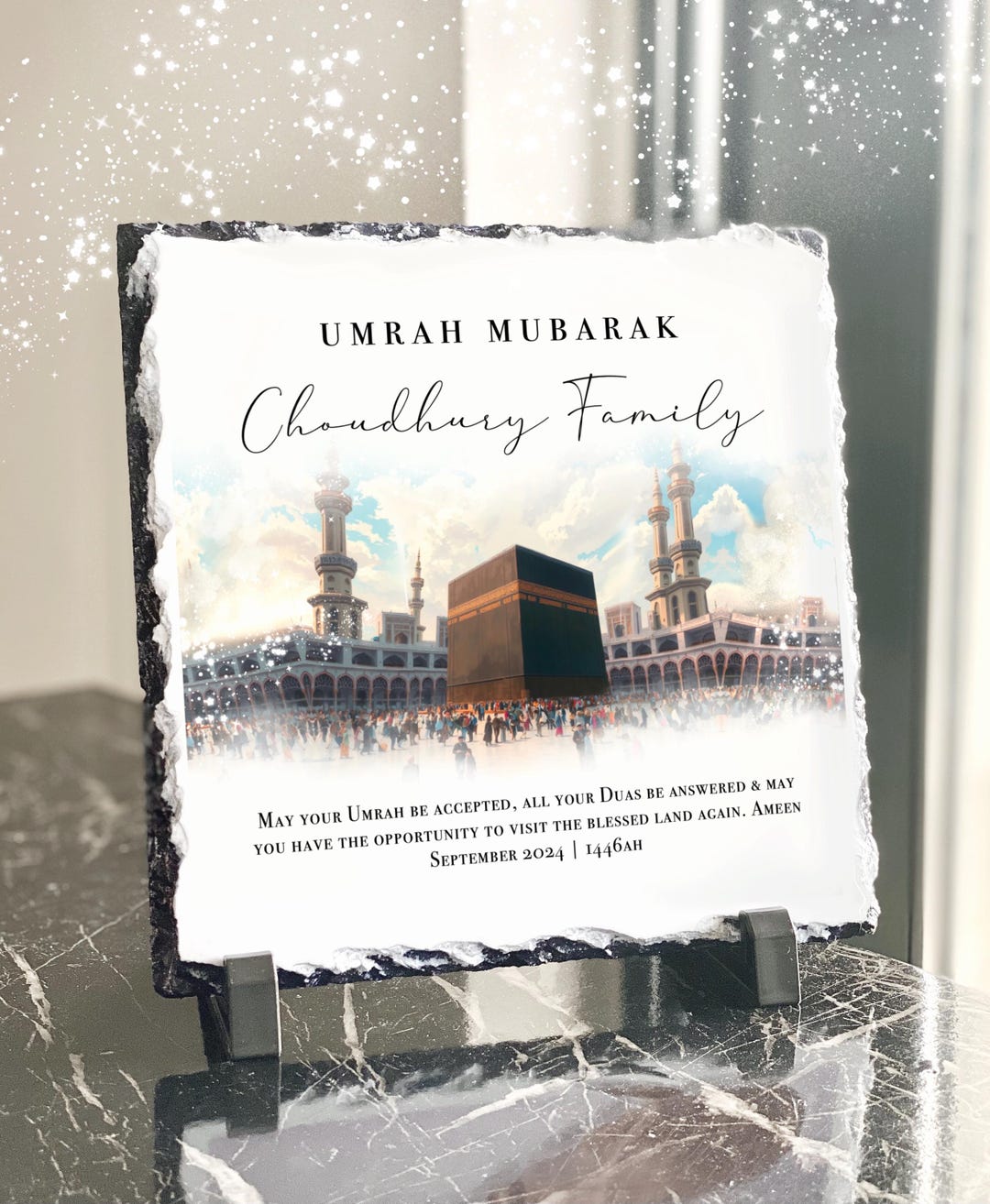 Heavyweight Umrah Mubarak Blue Cloudy Gift Slate and Stand With ...