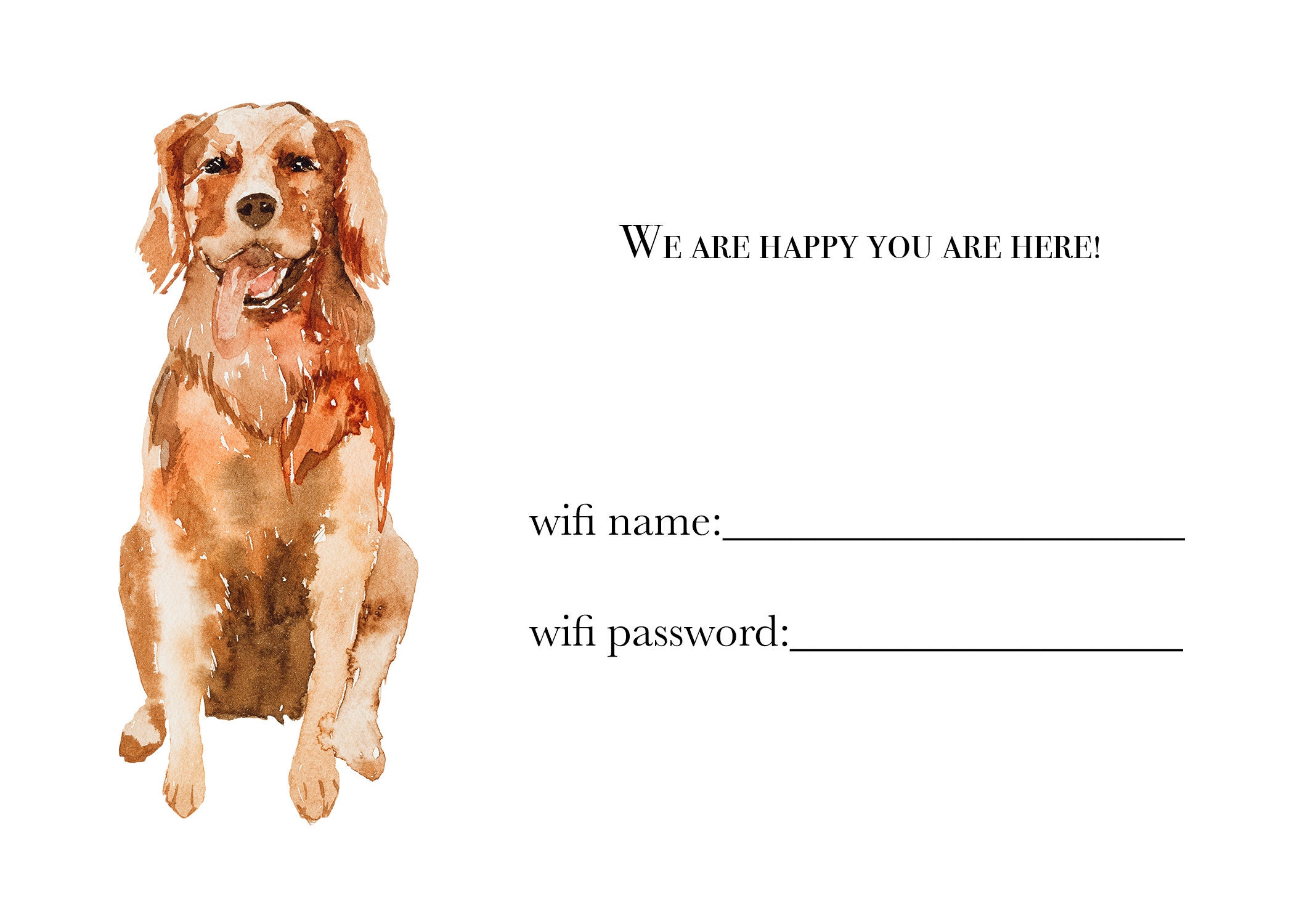 WIFI Password Print Out for Guest Room/ Airbnb Watercolor Animal Golden ...