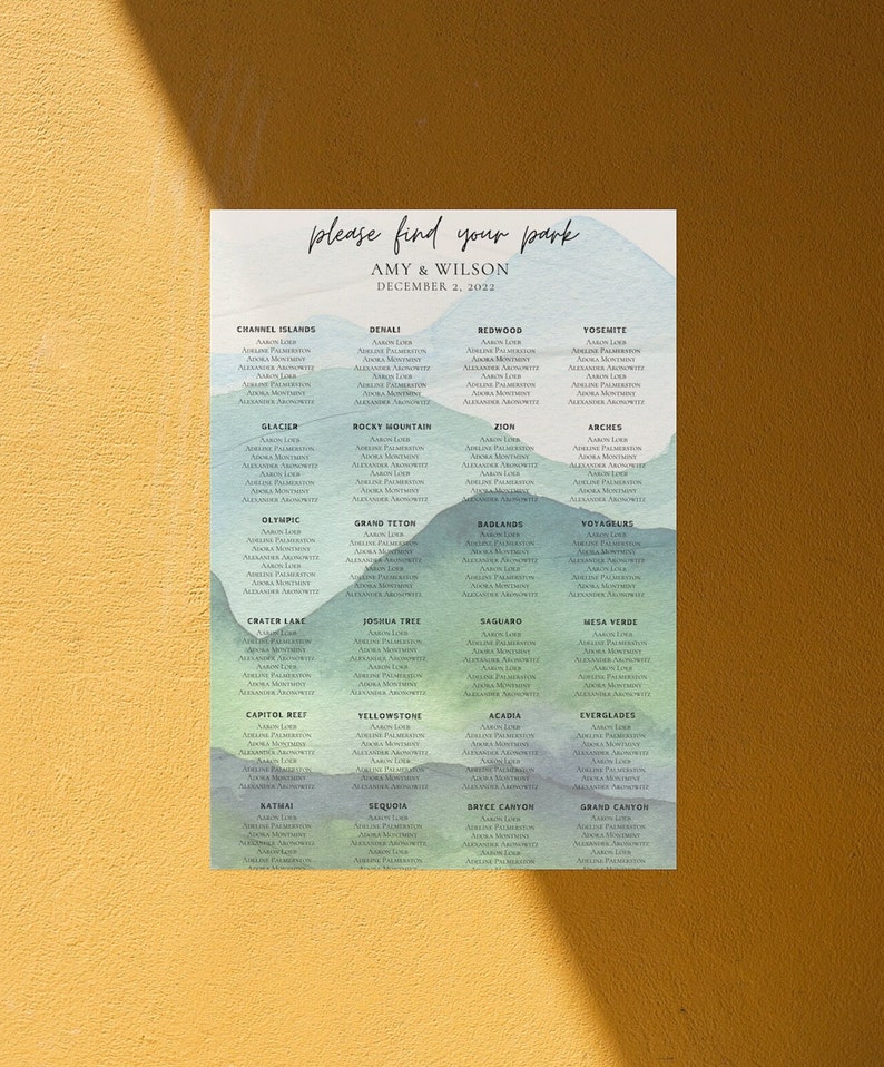 National Parks Customizable Wedding Seating Chart Template (mountain ...