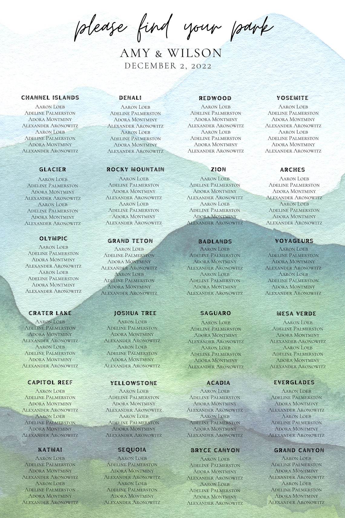 National Parks Customizable Wedding Seating Chart Template (mountain ...