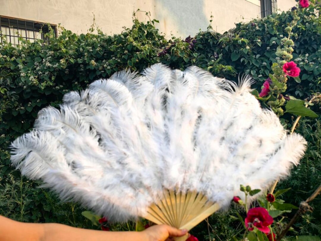 Large Ostrich Feather Dance Burlesque Fans 32inchx18inch Wedding Bridal ...