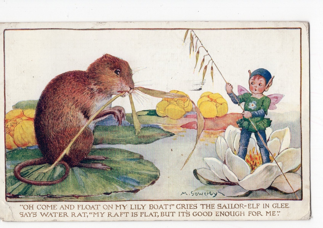 Antique Millicent Sowerby Fairy Postcard, Woodland Games, Water Rat, Water Vole, Lily Pad ...