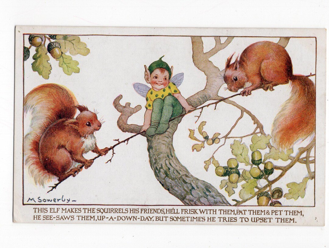 Vintage Margaret Sowerby Pixie Art Postcard - Woodland Games, Red Squirrels, Acorns, Elf, Fairy ...
