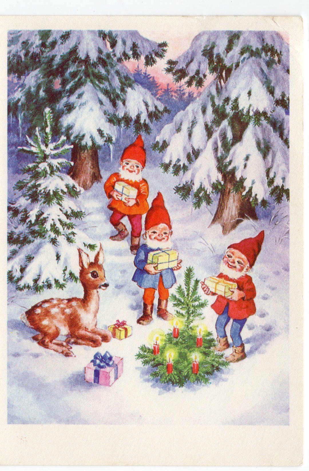 Vintage Swedish Christmas Gnomes Elves Postcard, Midcentury, 1970s ...