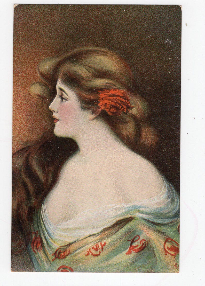 Antique Glamour Woman Postcard - Dark Hair, Red Rose, Like Asti ...