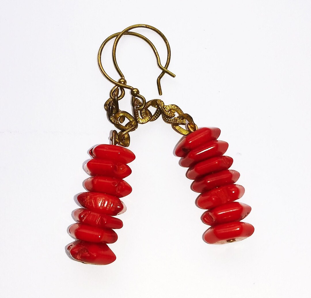 Red Coral Earrings, Hexagon Coral Beads, Brass Coral Earrings, Red ...
