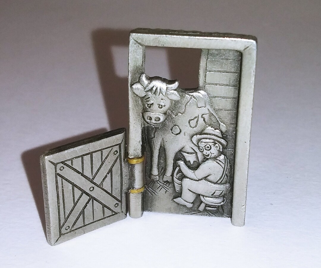 JJ Pewter Cow Pin, JJ Barn Door Pin, JJ Cow Brooch Pin, Hinged Door Pin ...