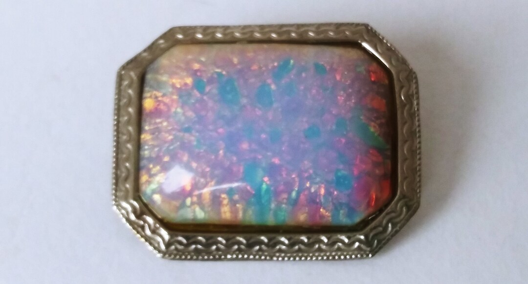 Faux Opal Brooch, Faux Opal Pin, Victorian Brooch Pin, Foiled Glass ...