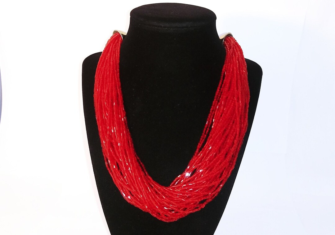 Vintage Red Torsade, Red Bead Necklace, 36 Strand Necklace, Crimson ...
