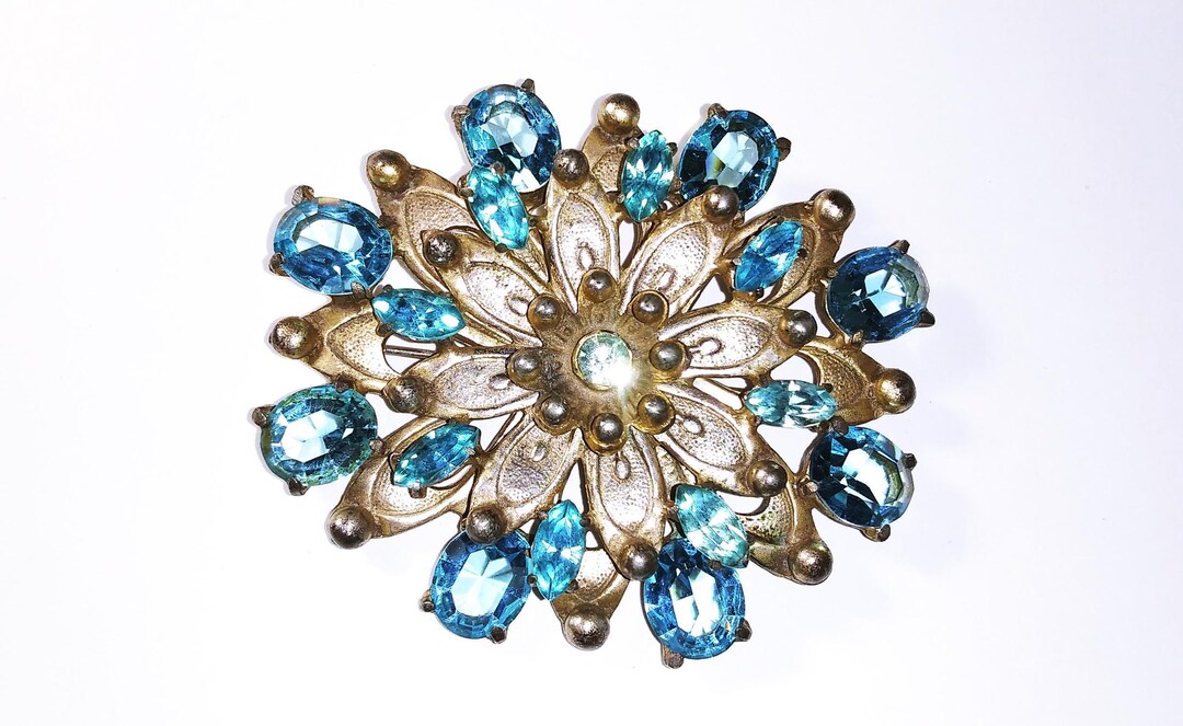 Vintage Flower Pin, Antique Flower Pin, Silver Pot Metal, Glass Stones ...