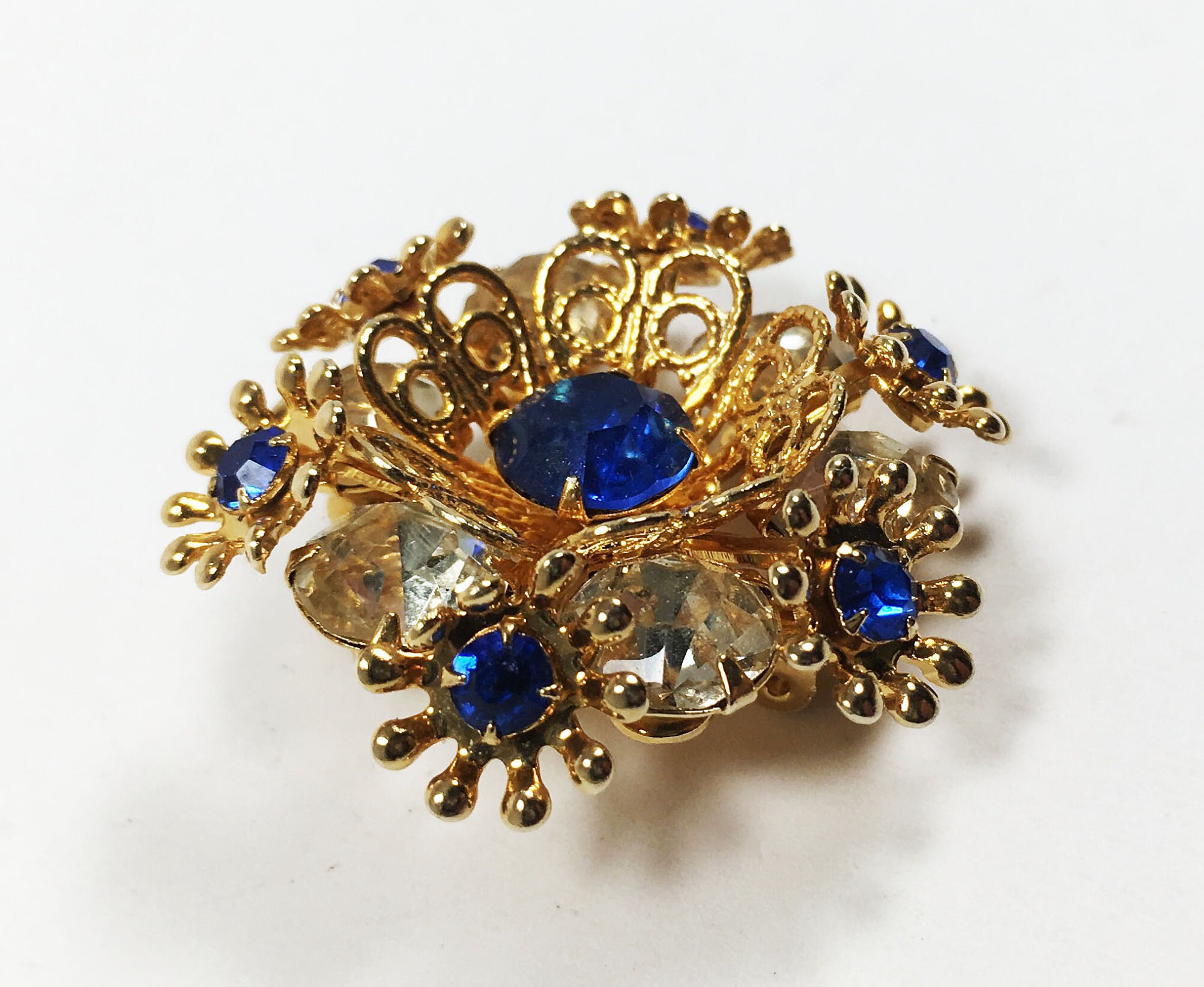 Blue Rhinestone Brooch Round Gold Tone Filigree Large Riveted - Etsy