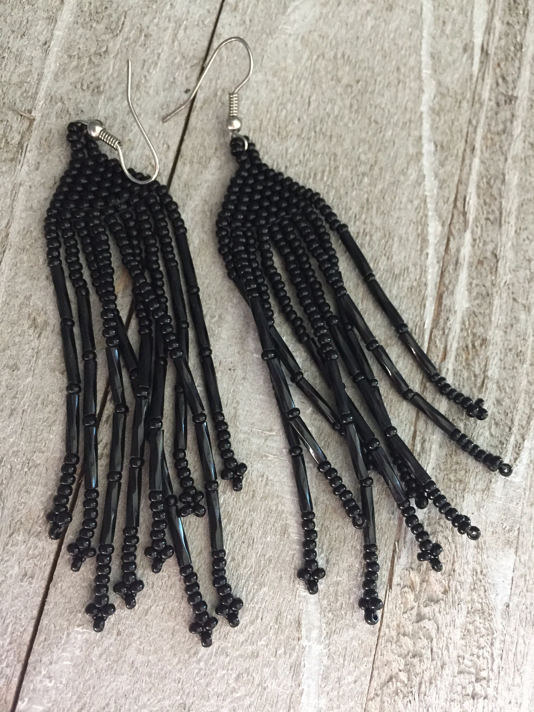 Black Bead Strand Shoulder Dusters Tube Seed Beads Pierced | Etsy