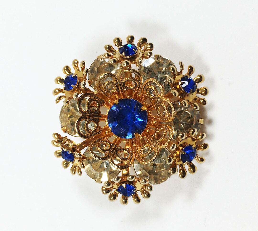 Blue Rhinestone Brooch Round Gold Tone Filigree Large Riveted Clear ...