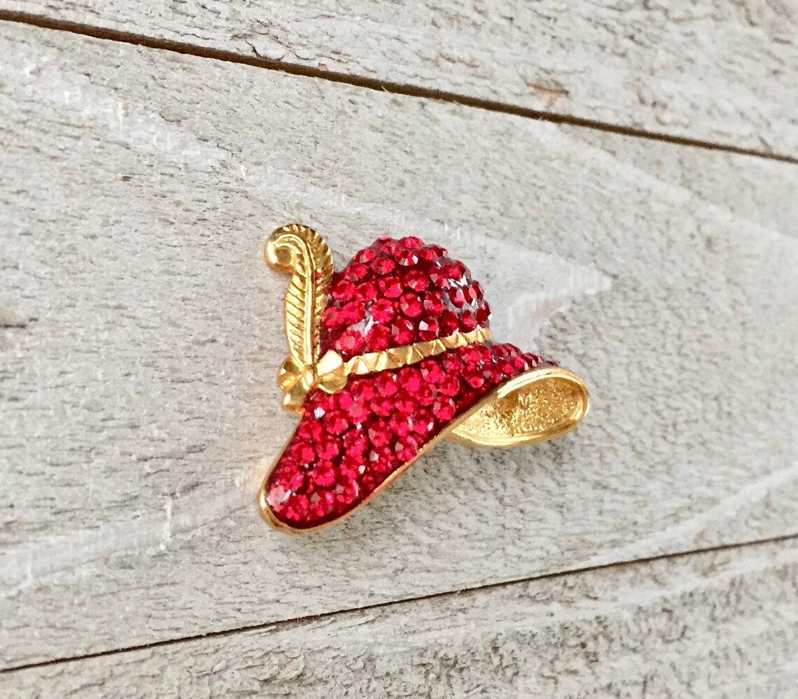 Gold Tone & Red Rhinestone Hat Pin Feather Accent Vintage | Etsy