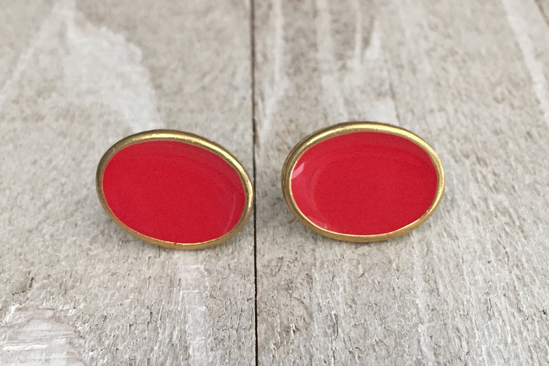 Red Enamel Oval Clip Ons Gold Tone Pierced Earrings Vintage - Etsy