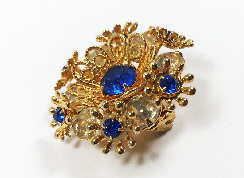 Blue Rhinestone Brooch Round Gold Tone Filigree Large Riveted - Etsy