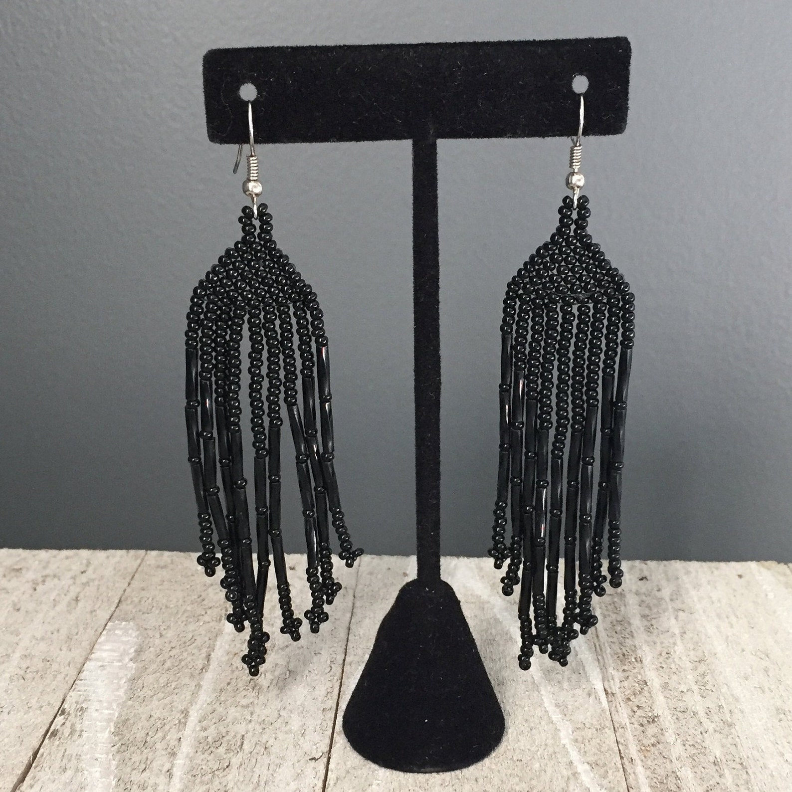 Black Bead Strand Shoulder Dusters Tube Seed Beads Pierced | Etsy