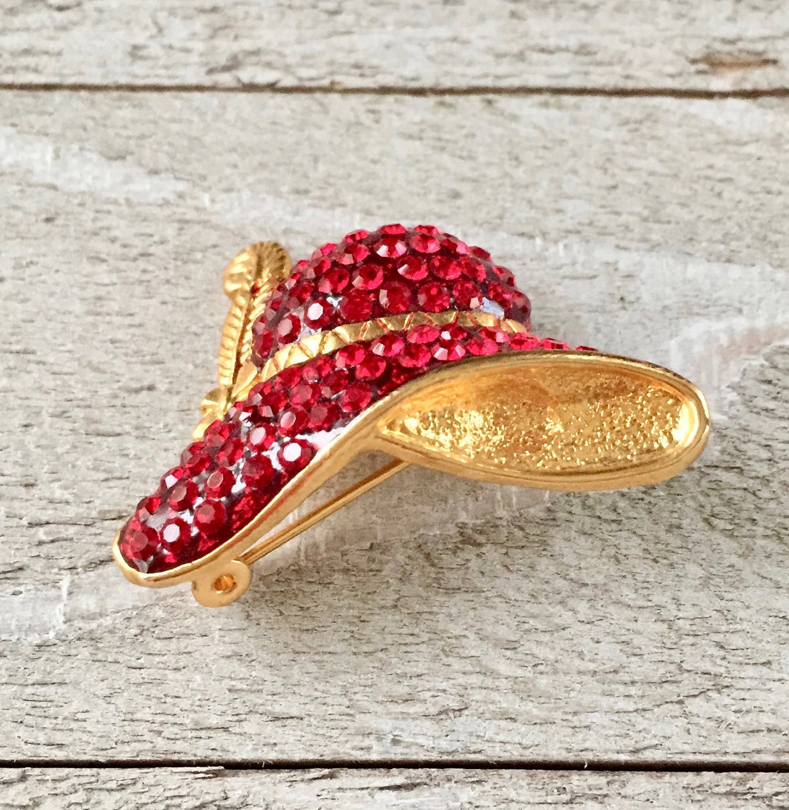 Gold Tone & Red Rhinestone Hat Pin Feather Accent Vintage | Etsy