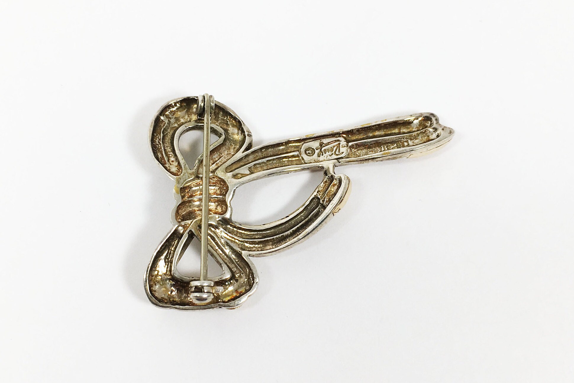 Sterling Silver 14K Gold Bow Pin Designer Signed Remy STER 14K | Etsy