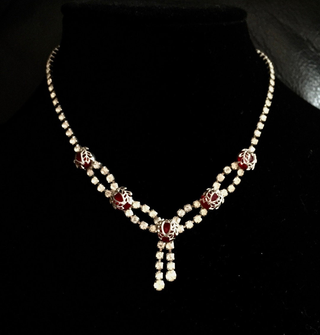 Red Floral Rhinestone Choker Necklace Vintage Mid Century Style Semi ...