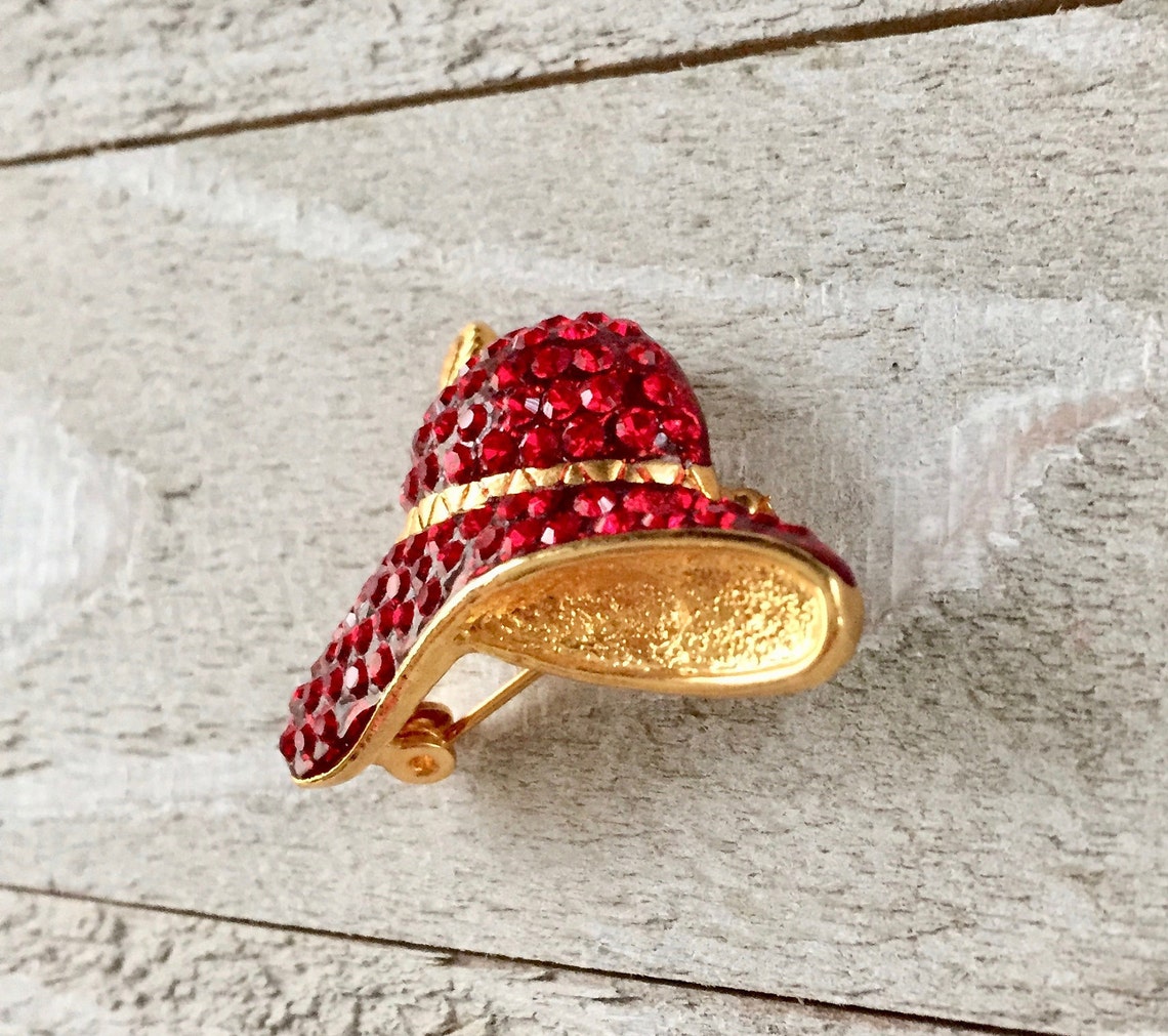 Gold Tone & Red Rhinestone Hat Pin Feather Accent Vintage 1980s 1990s ...