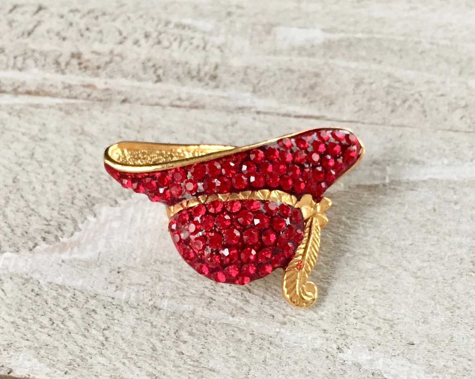 Gold Tone & Red Rhinestone Hat Pin Feather Accent Vintage | Etsy