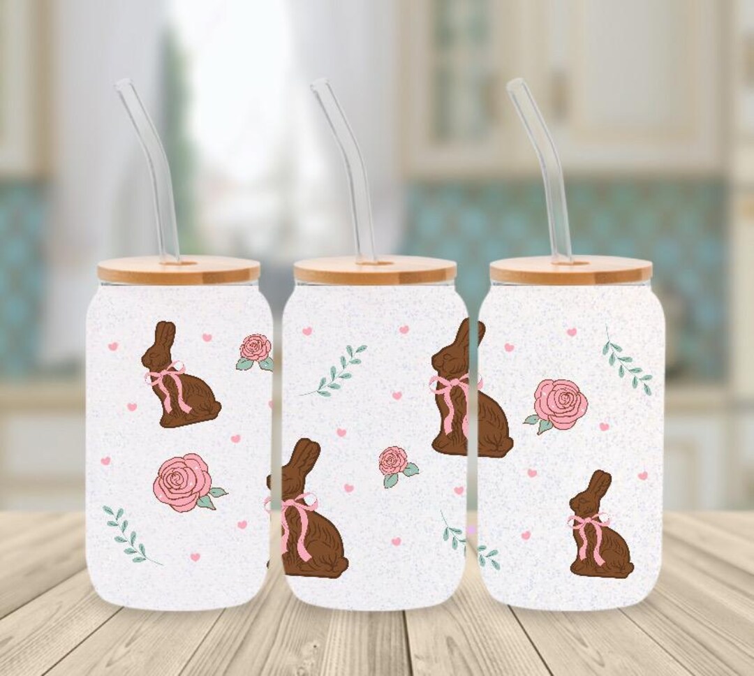 Chocolate Easter Bunny Glass Cup, 16oz Girly Easter Glass Can, Coquette ...