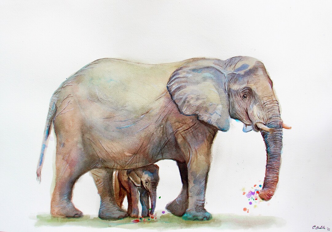 Mother and Baby Elephant Watercolor Print 8.5x11 - Etsy
