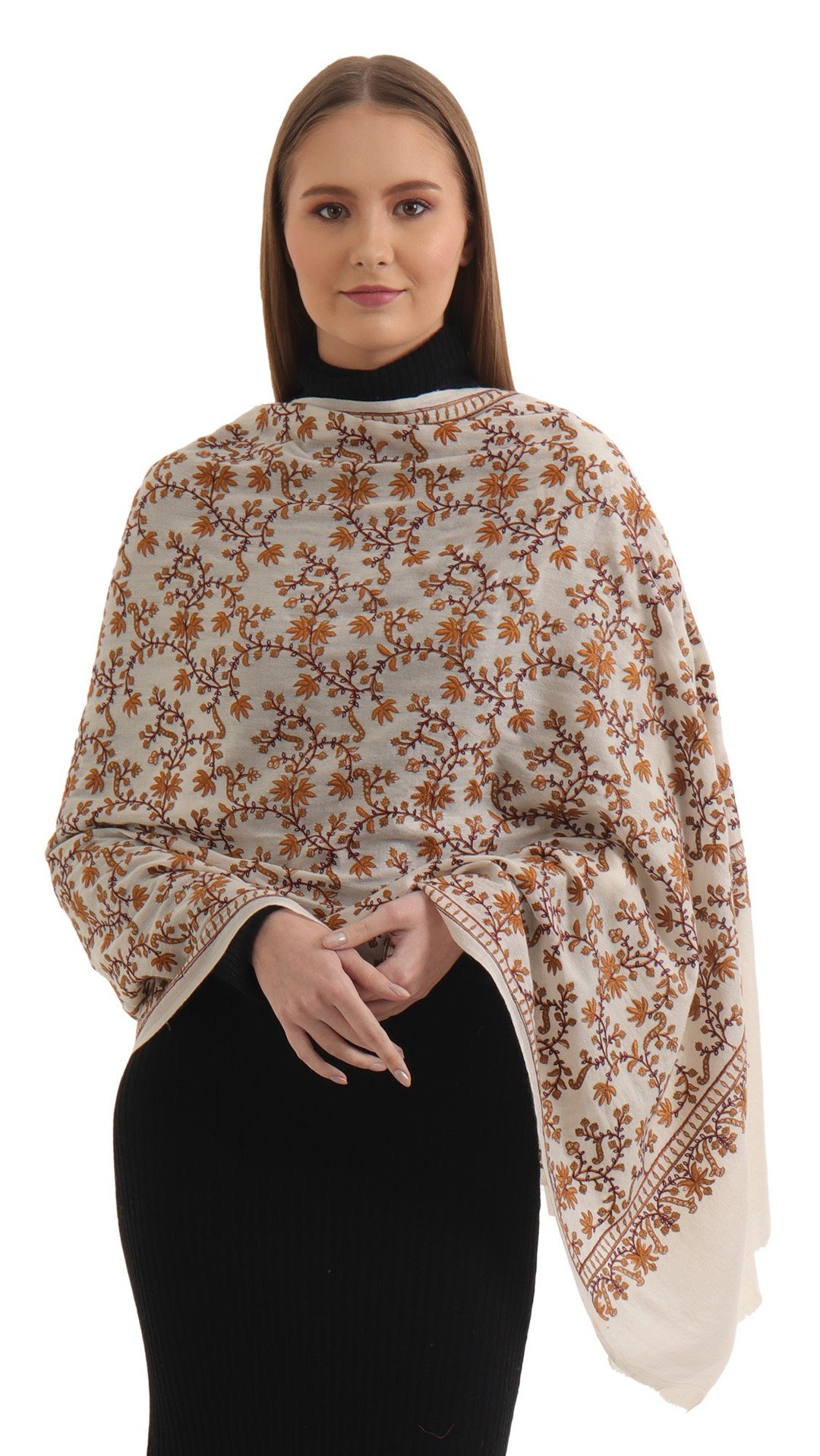 100% Pure Cashmere Stole, Scarf, Handcrafted SOZNI Floral Embroidery ...