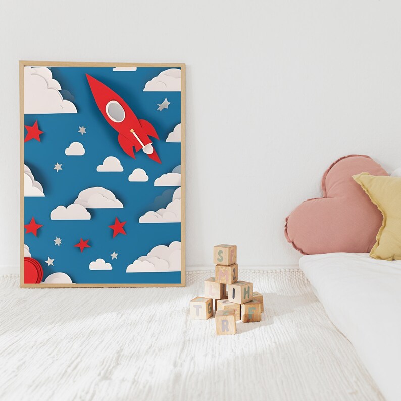 Red Rocket Flying Through Clouds Kids Wall Art | Kids Room Rocketship ...