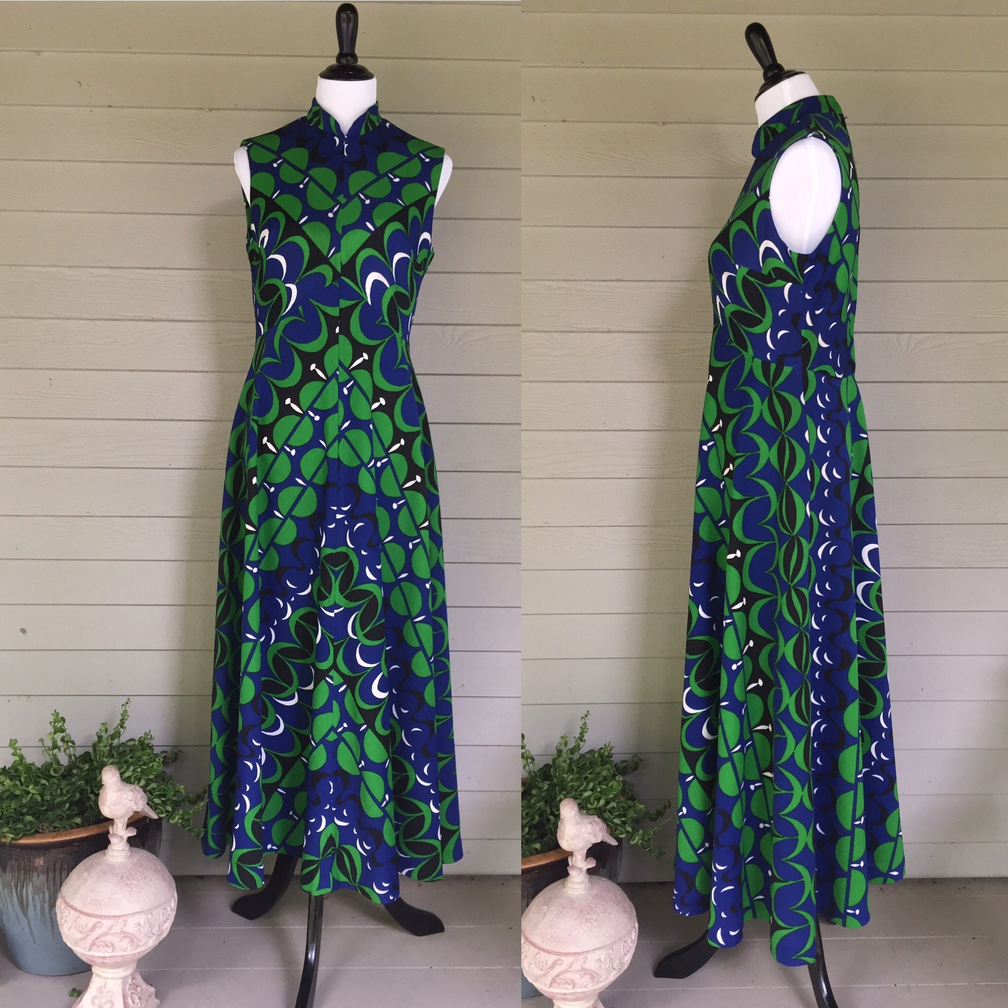 Vintage 1960s Mod Maxi Dress, Blue and Green Maxi, 1960s Dress, Retro Dress