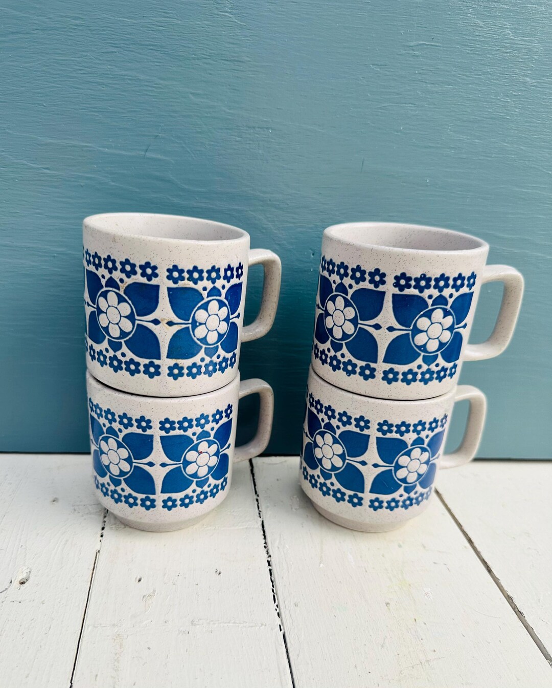 Vintage 1960s Blue and White Floral Coffee Mugs Set of Four Danish ...