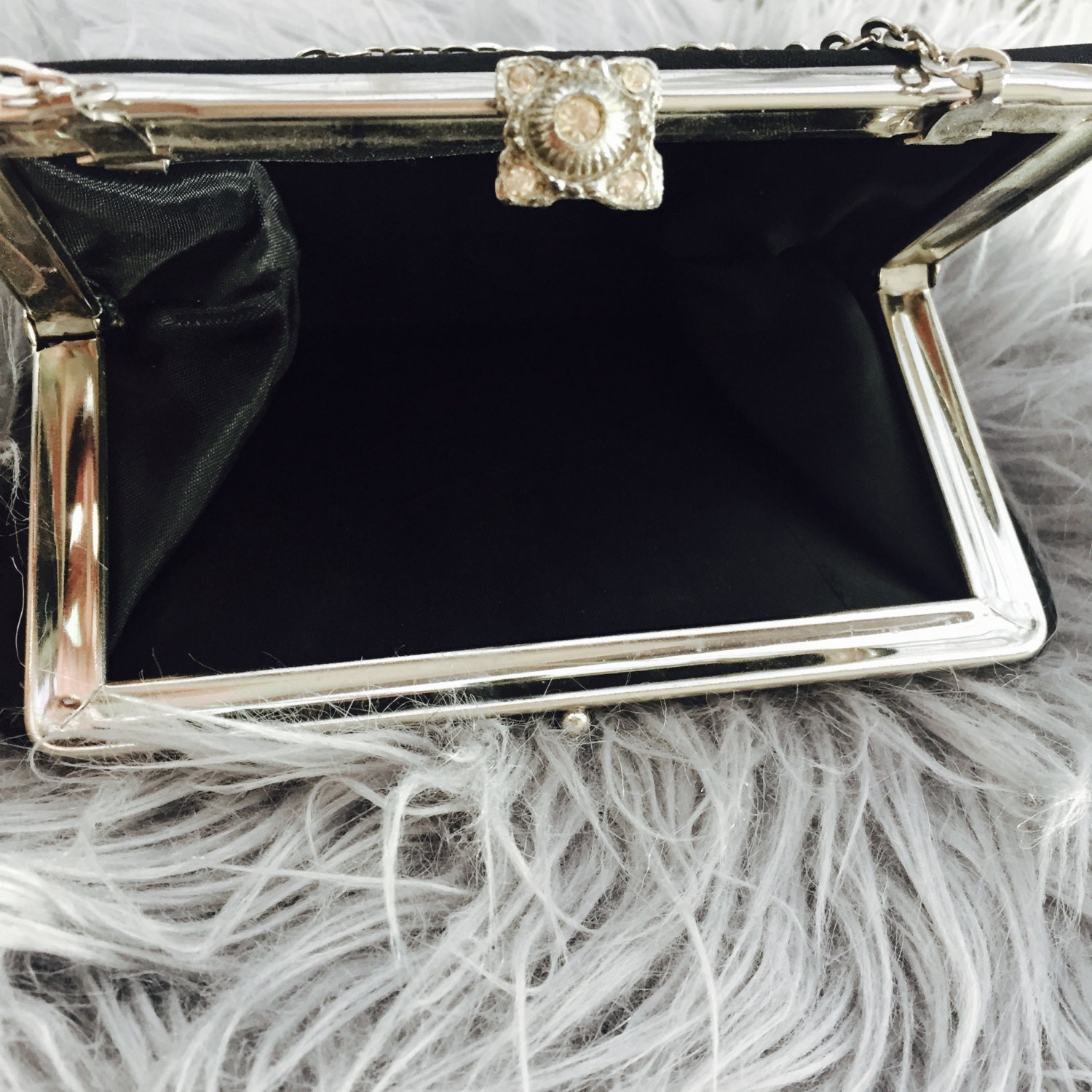 Vintage Black Evening Bag with Jeweled Clasp and Silver Chain Strap ...