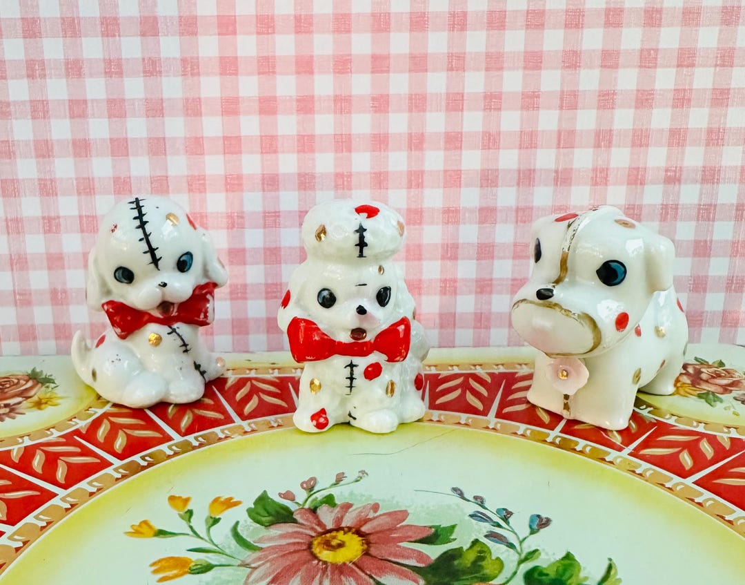 Vintage 1950s Dog Figurines Set of Three Red Gold Polka Dotted Puppy ...