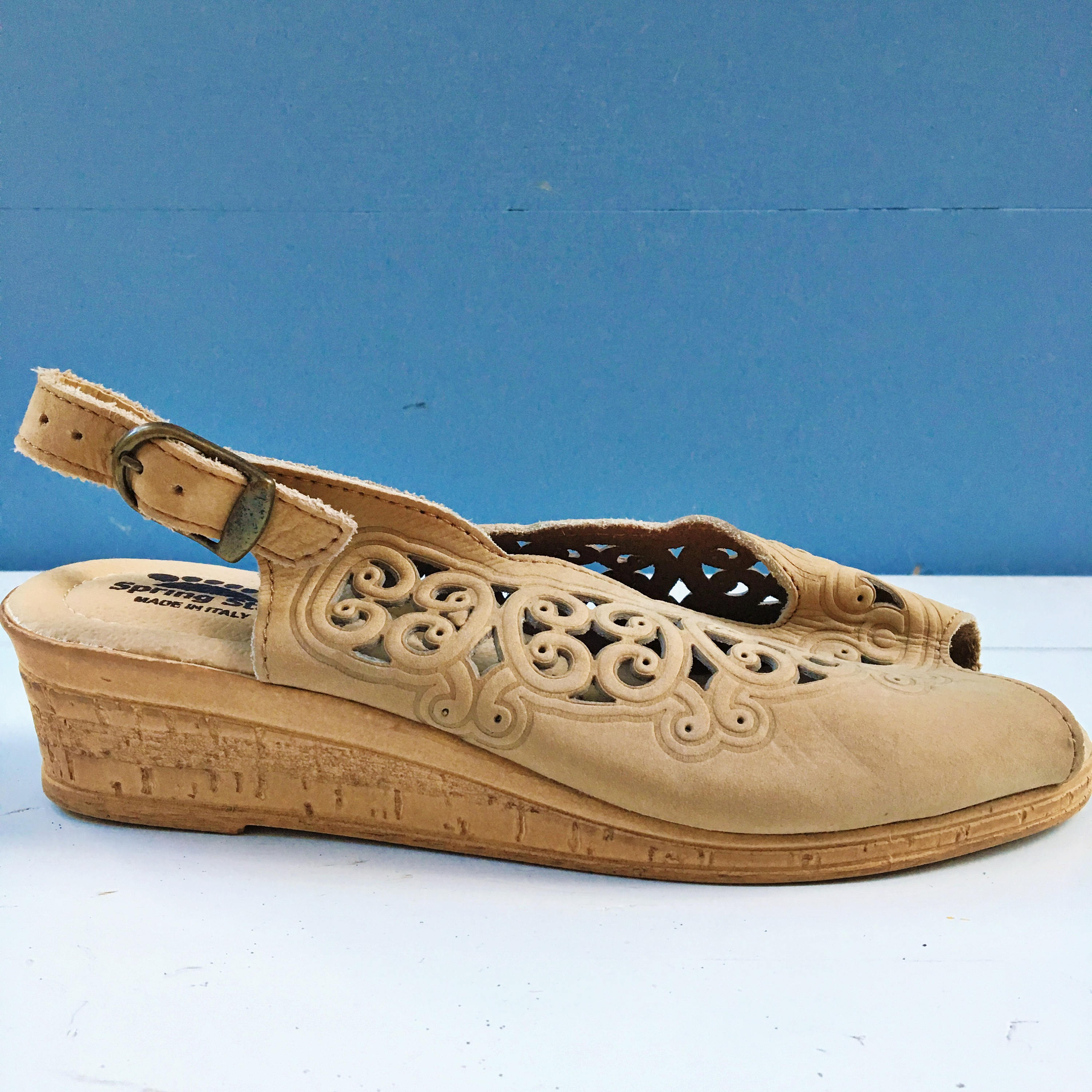 Vintage Cork Wedge Open Toe Tan Suede Shoes, Women's Size 5, Vintage ...