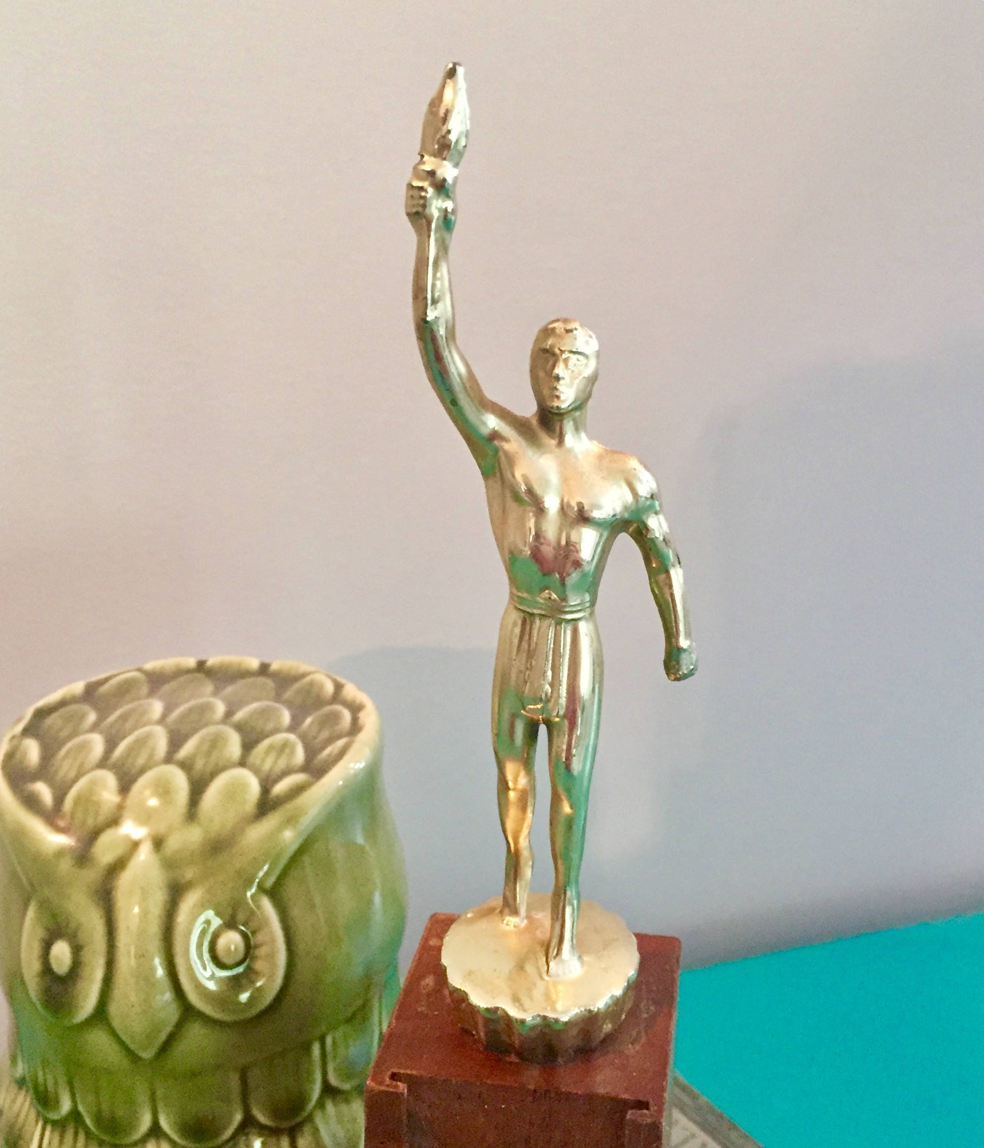 Vintage Brass Trophy, Mid Century Trophy, Olympic Torch Trophy, Wooden ...