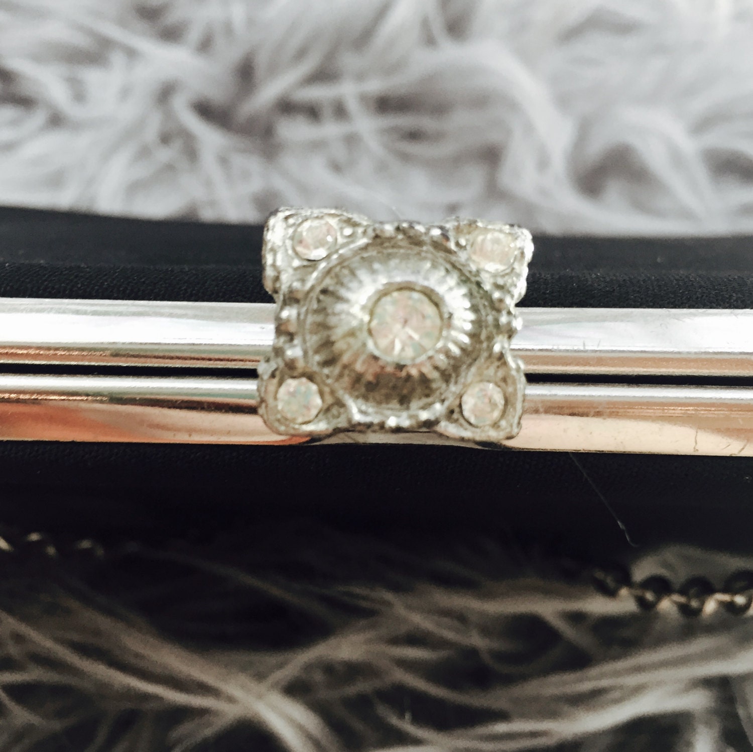 Vintage Black Evening Bag with Jeweled Clasp and Silver Chain Strap ...