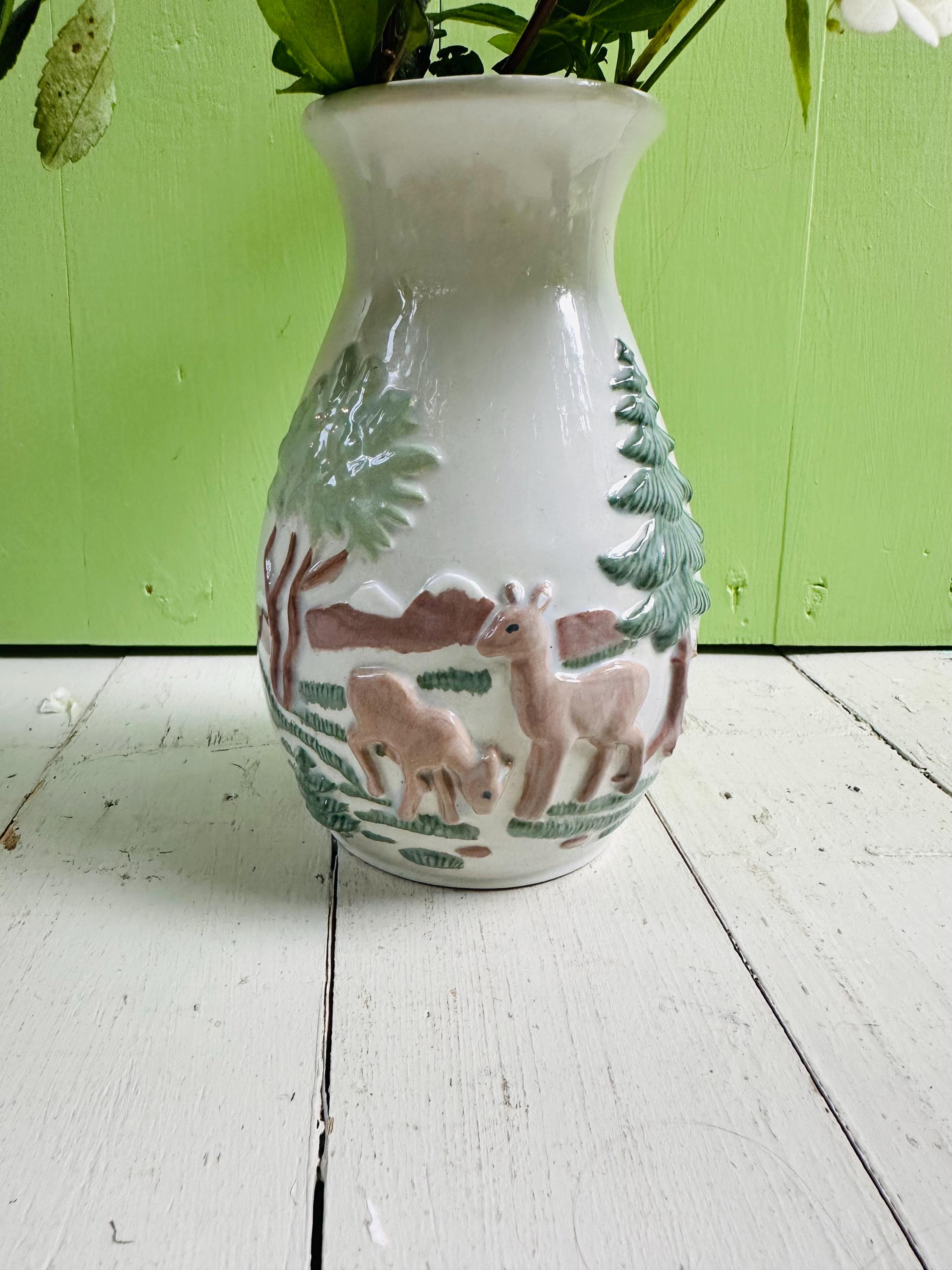 Vintage Ceramic Deer Flower Vase 7 inch Ceramic Vase Deer Scene ...