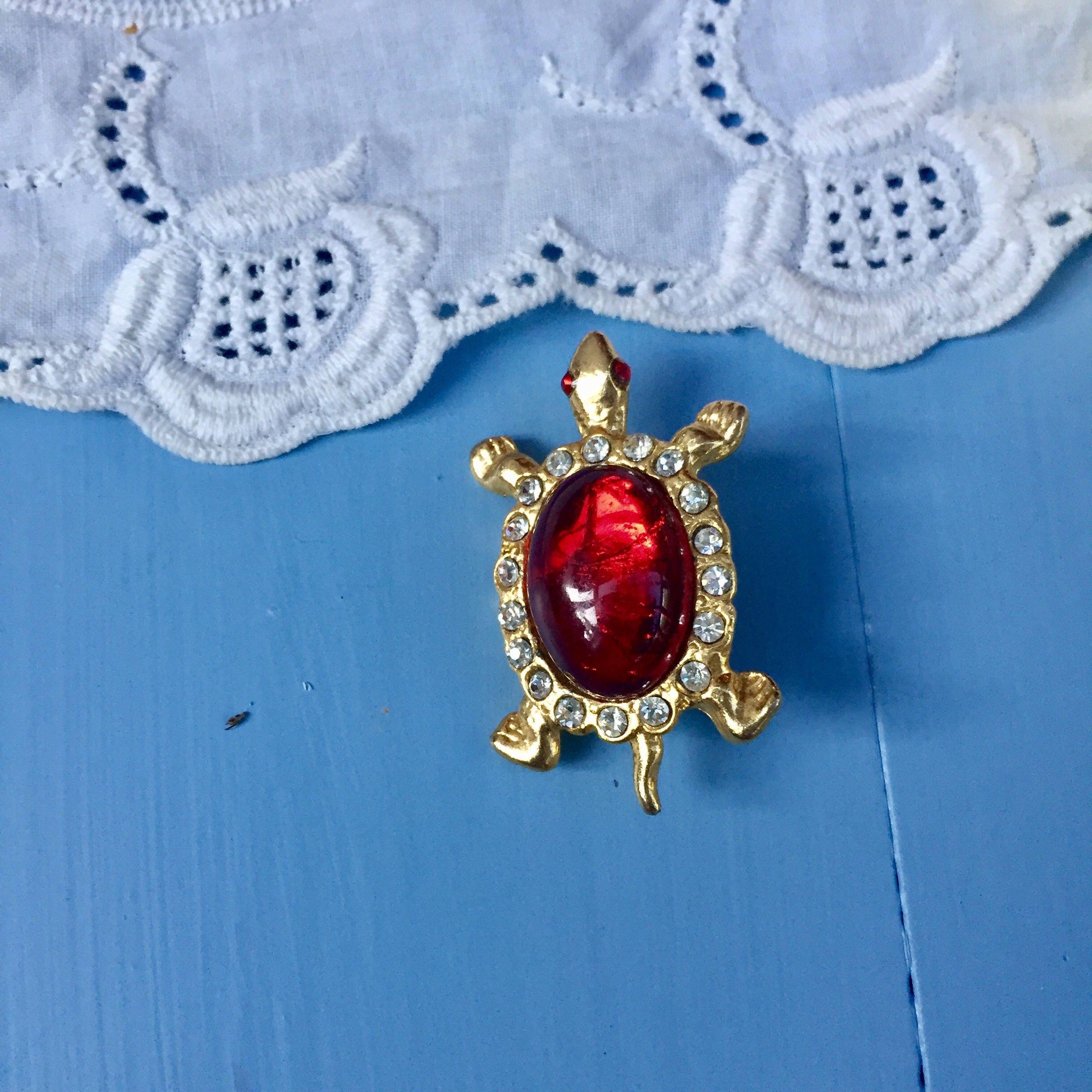 Vintage Turtle Brooch, Red Jeweled Turtle Pin, Vintage Animal Brooch ...