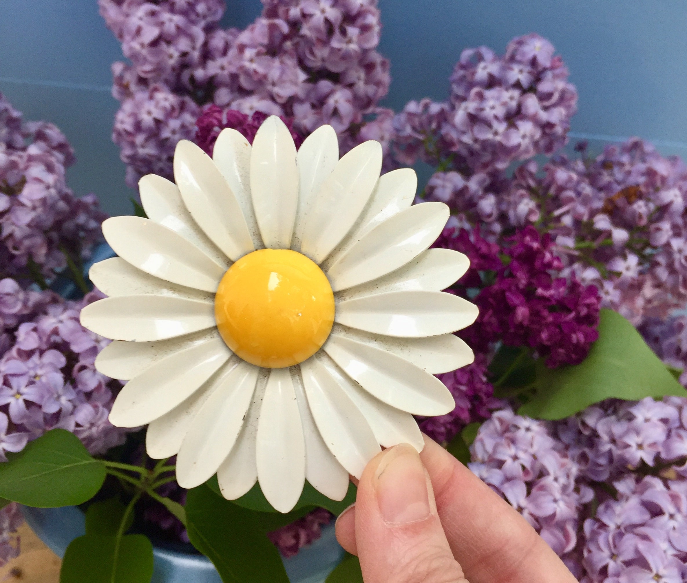 Vintage 1960s Daisy Pin, Large Flower Pin, Large Enamel Flower Pin ...