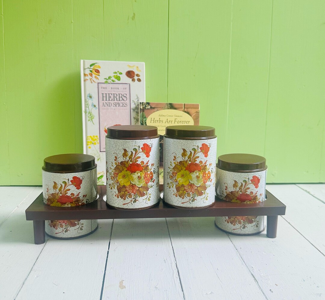 Vintage 1970s Tin Spice Jars With Display Rack, Set of Four, Retro ...