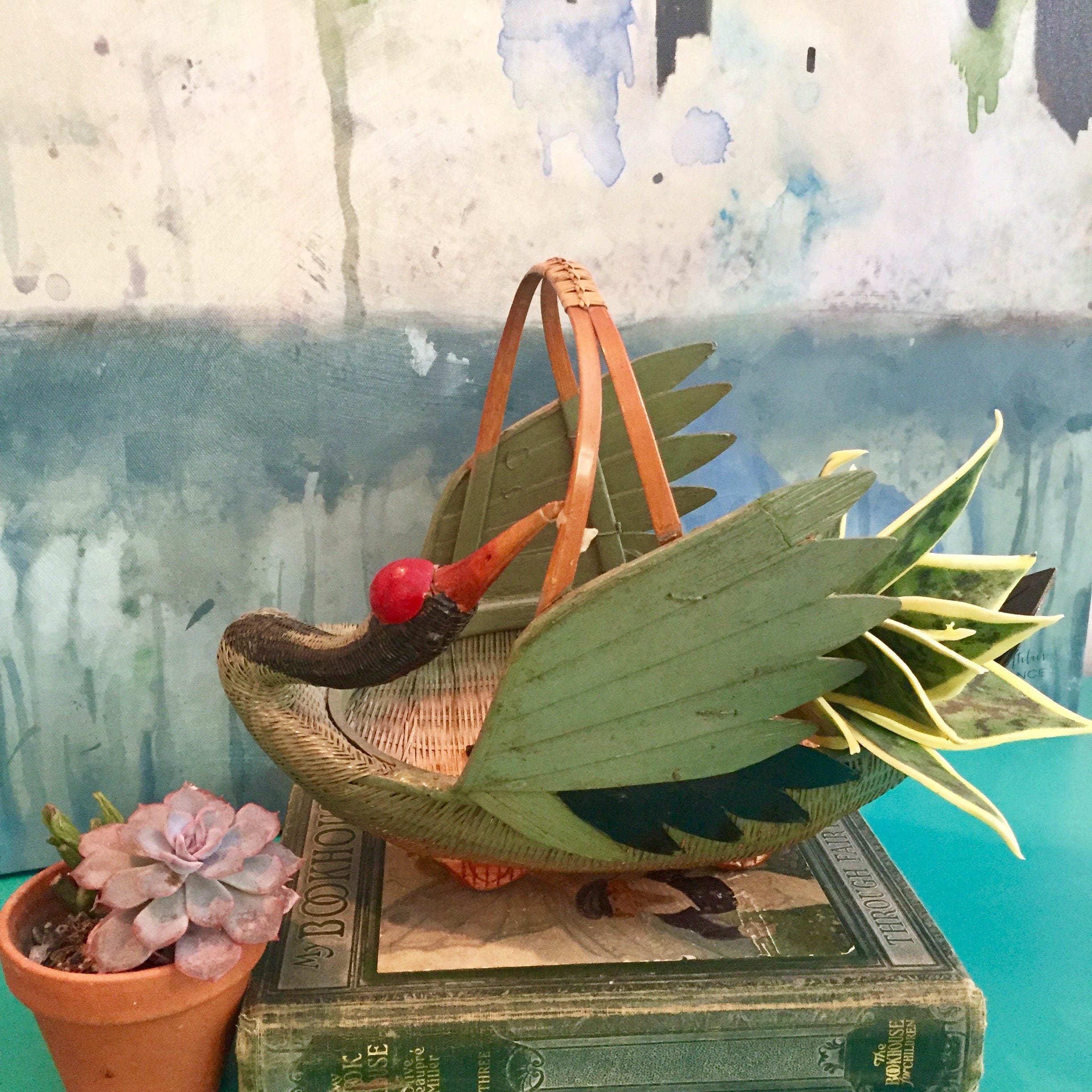 Vintage Wicker Bird Basket, Hand-painted Wicker Bird Basket, Boho Chic ...