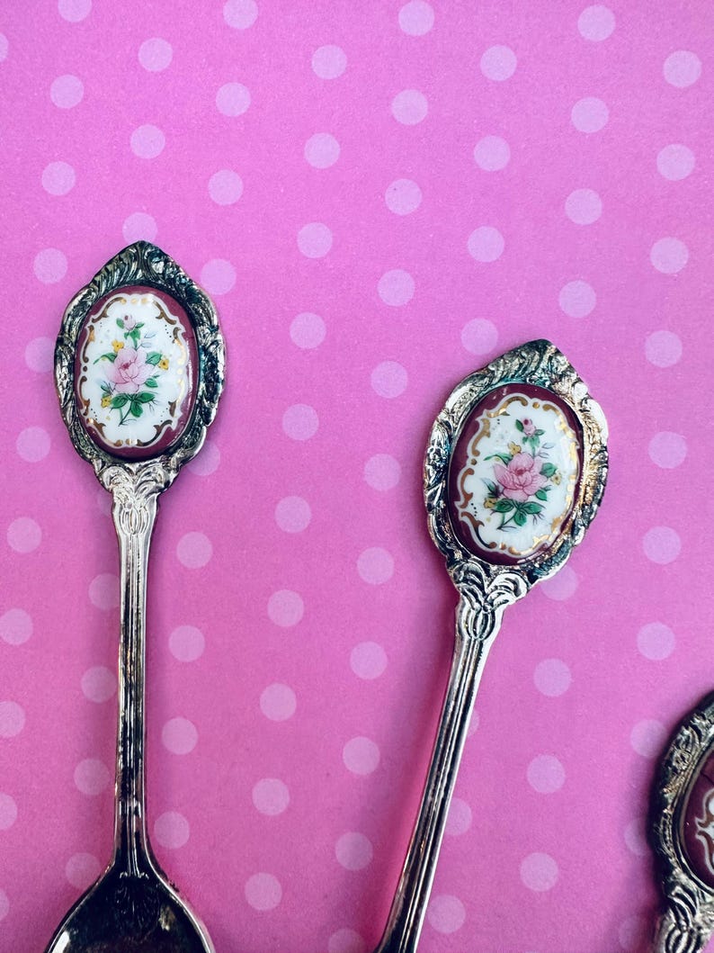 Vintage Rose Enamel Silver Plated Spoons Set of Four Cameo Pink Roses ...