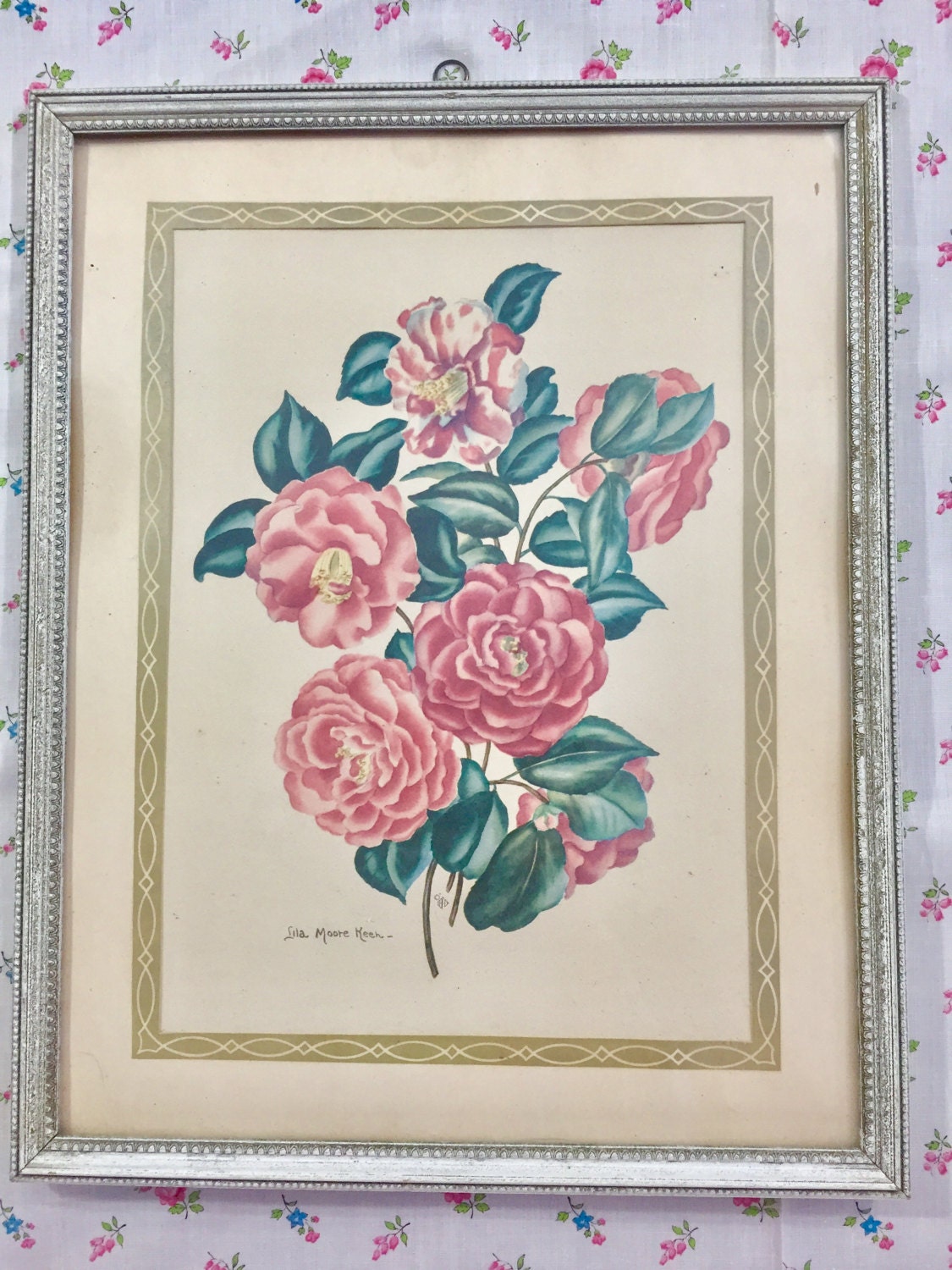 Vintage 1950s Lila Moore Keen Lithograph, Pink Camellia Flower Picture ...
