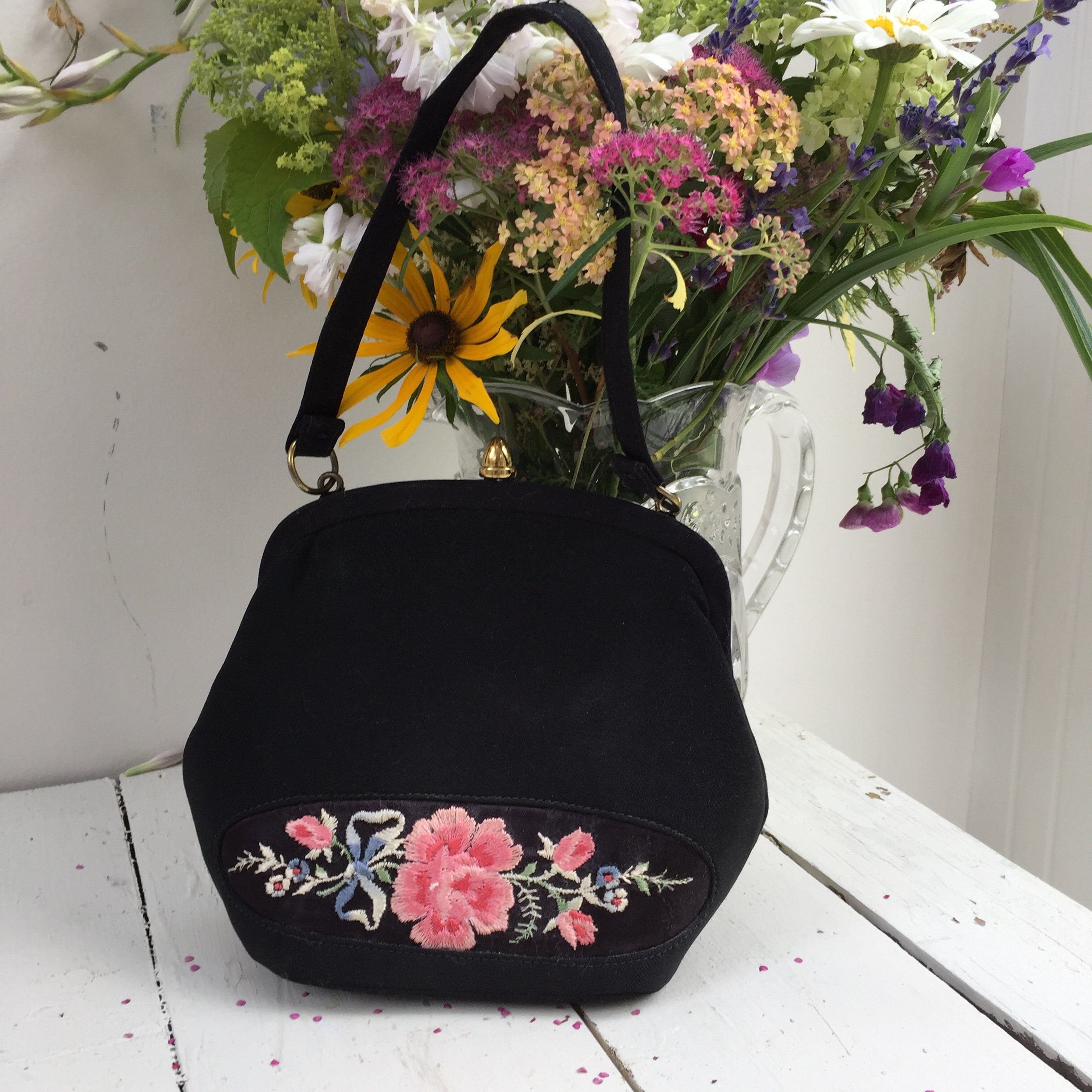 Vintage Black Floral Embroidered Purse, Vintage Rose Embroidered Purse ...